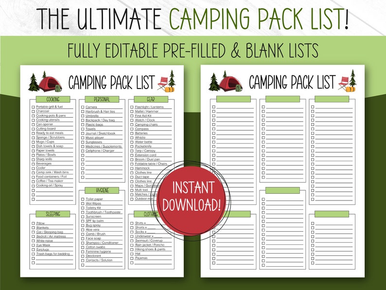 Camping Packing List, EDITABLE, PRINTABLE, Packing List Template ...