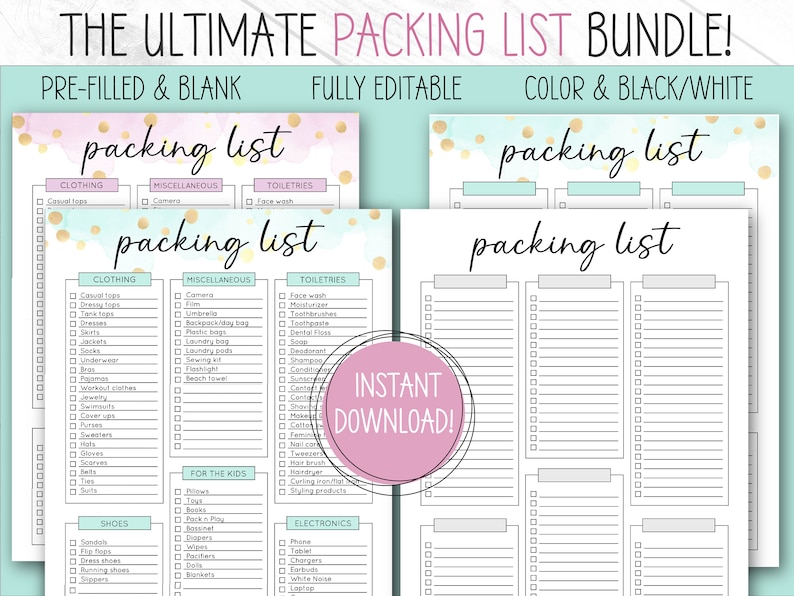 Packing List EDITABLE and PRINTABLE Packing List Template - Etsy