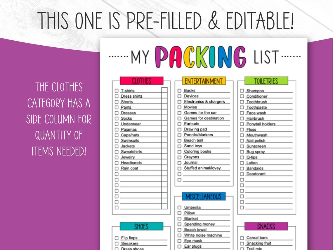 Packing List EDITABLE Packing List PRINTABLE Packing List - Etsy