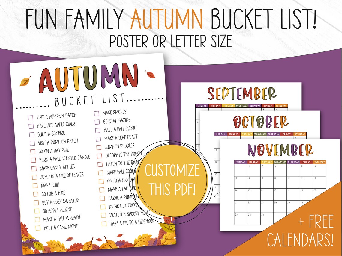 Autumn Bucket List Printable EDITABLE Fall Bucket List - Etsy