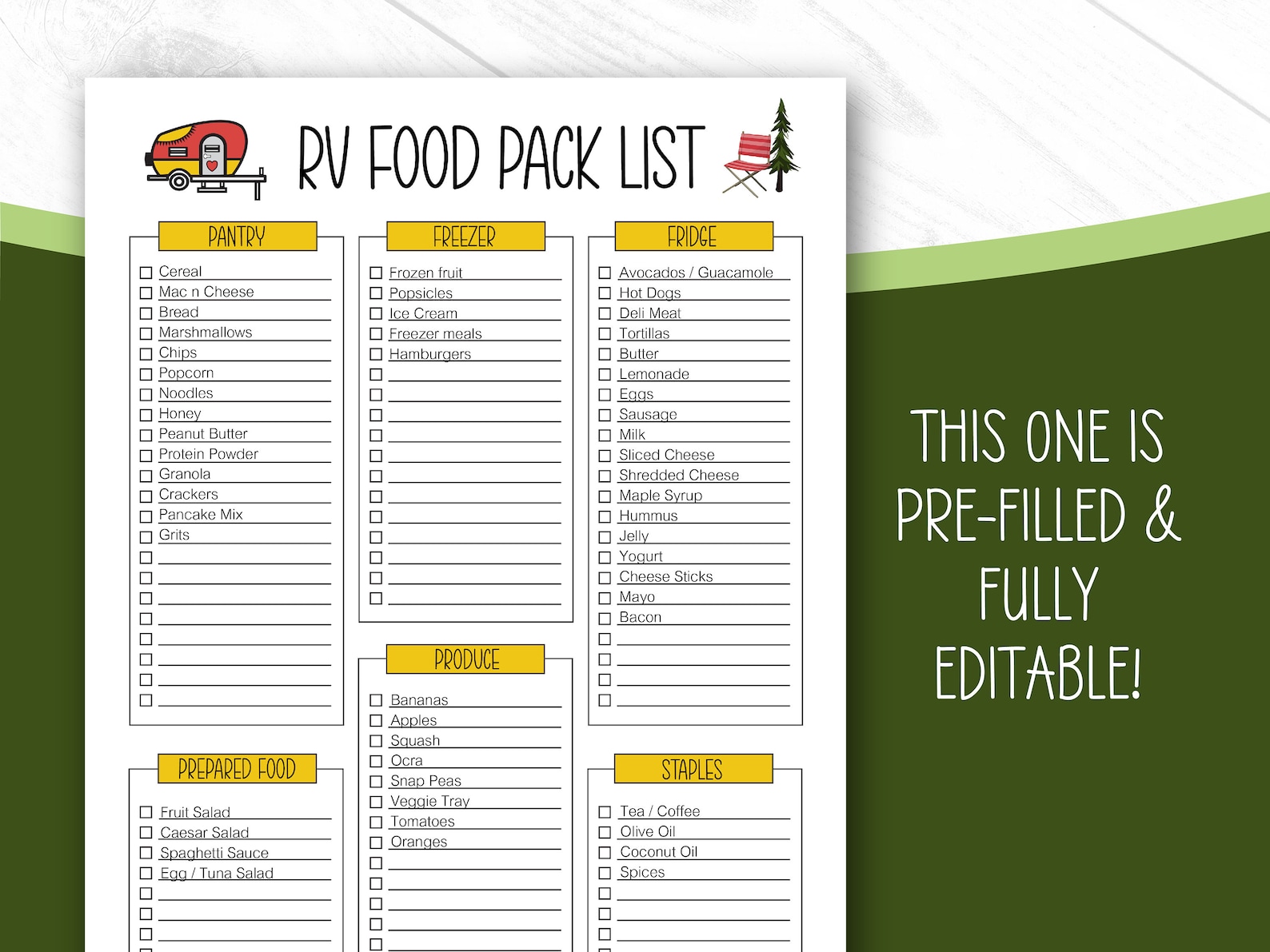 RV Food Packing List, EDITABLE, Packing List Template, Camping Pack ...