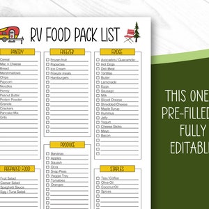 RV Food Packing List, EDITABLE, Packing List Template, Camping Pack ...