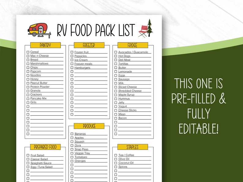 RV Food Packing List, EDITABLE, Packing List Template, Camping Pack ...