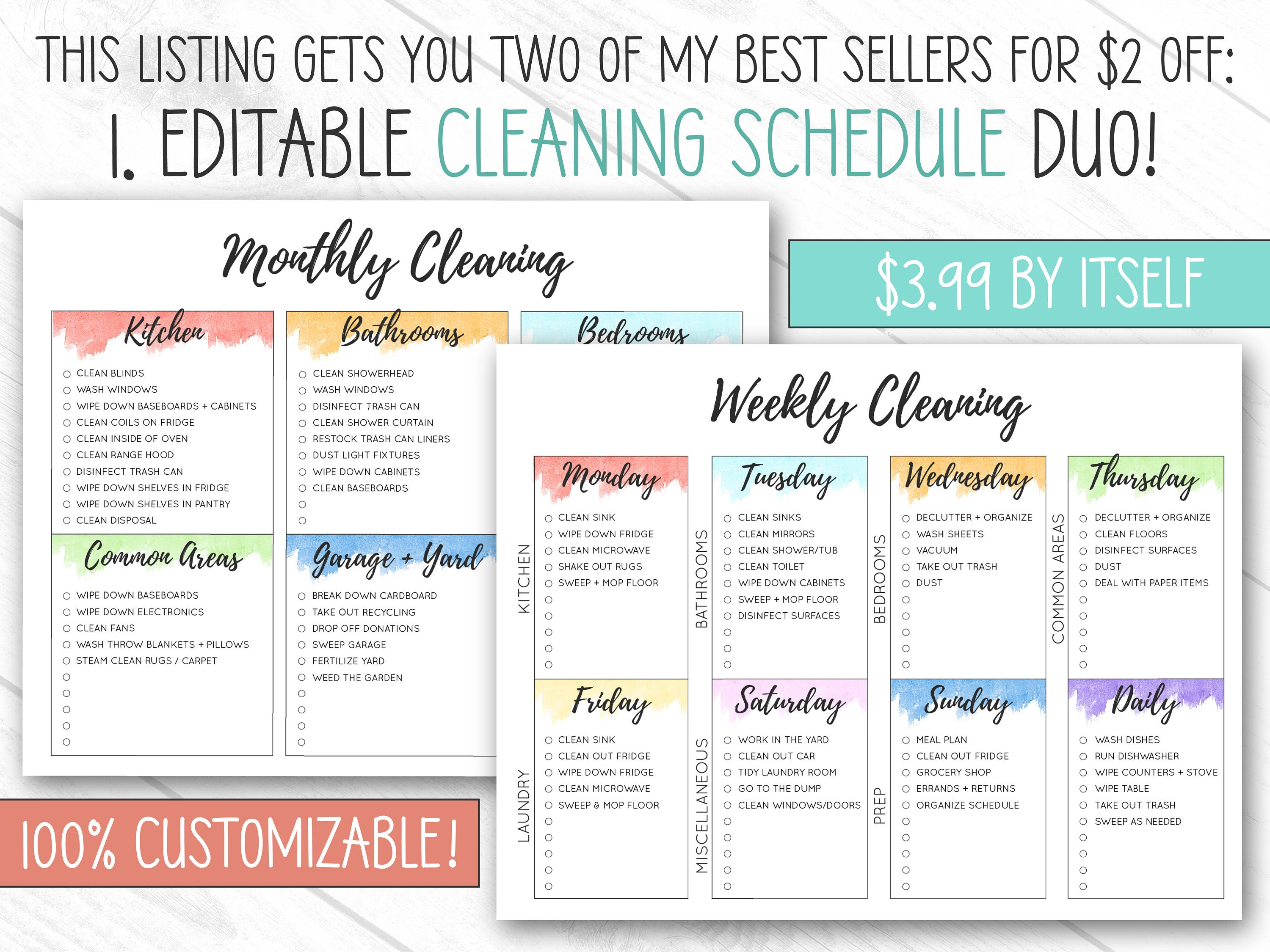 Editable Cleaning Cards and Cleaning Schedule, Two Listings for a Great ...