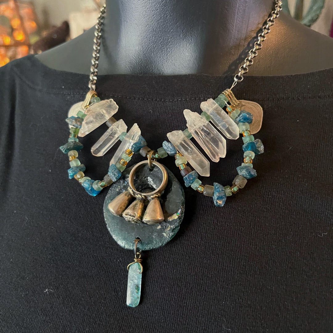 Sea Witch Amulet Necklace, Roman Glass, Apatite, Kyanite, Quartz ...