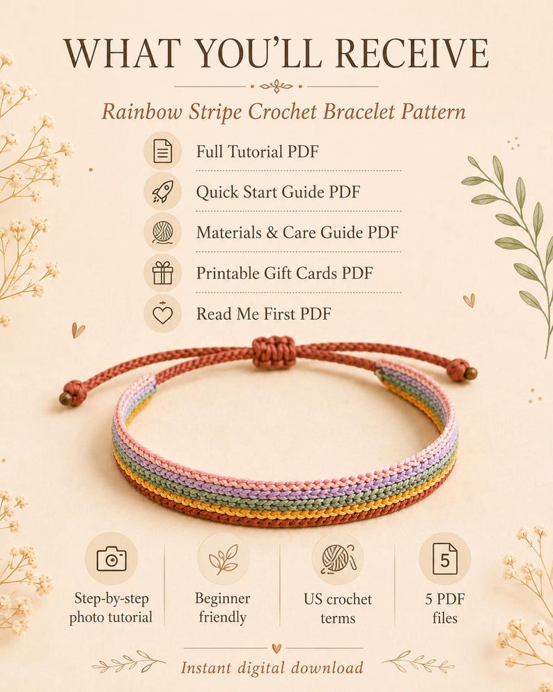 Crochet Bracelet Pattern PDF, Rainbow Friendship Bracelet Tutorial ...