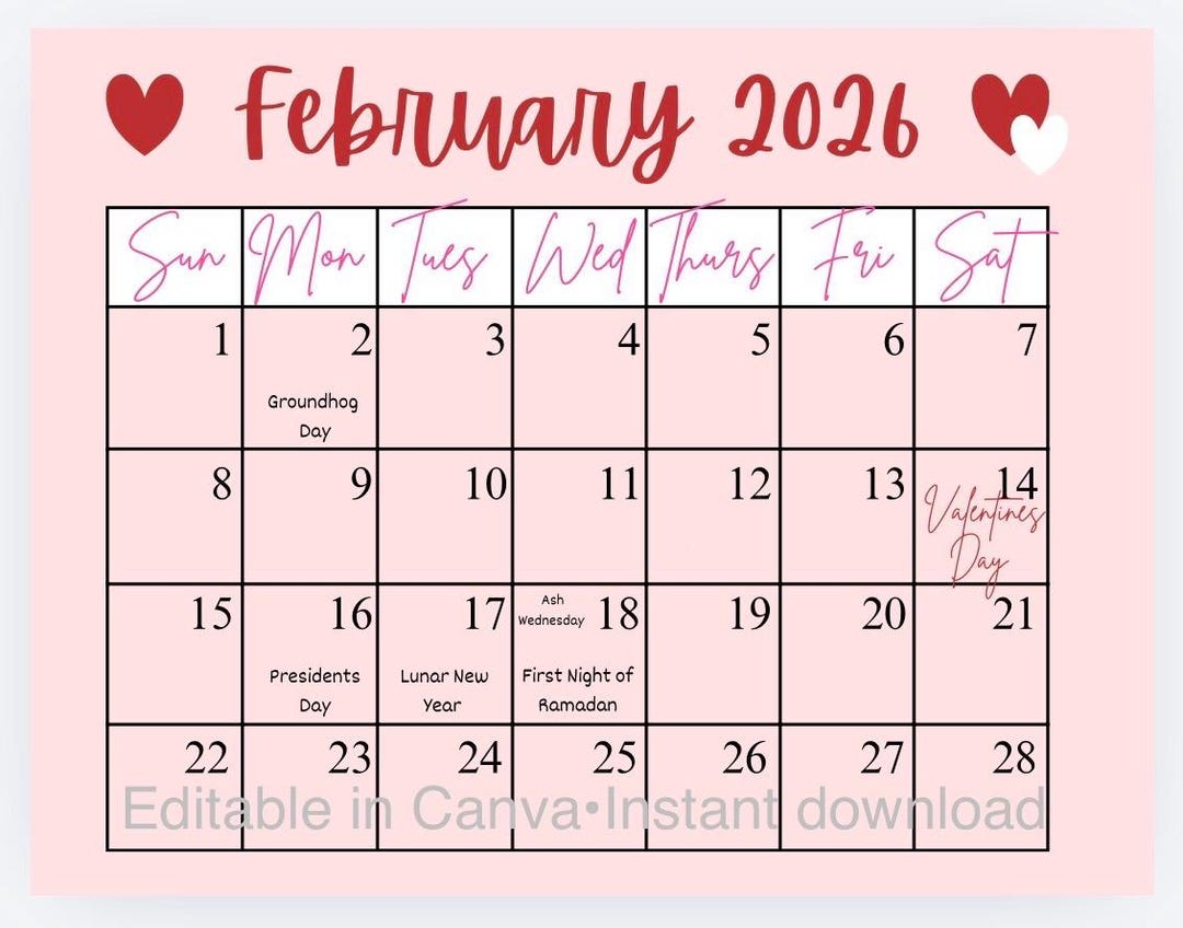 February 2026 Calendar Printable | Pink Valentine Aesthetic | Editable ...