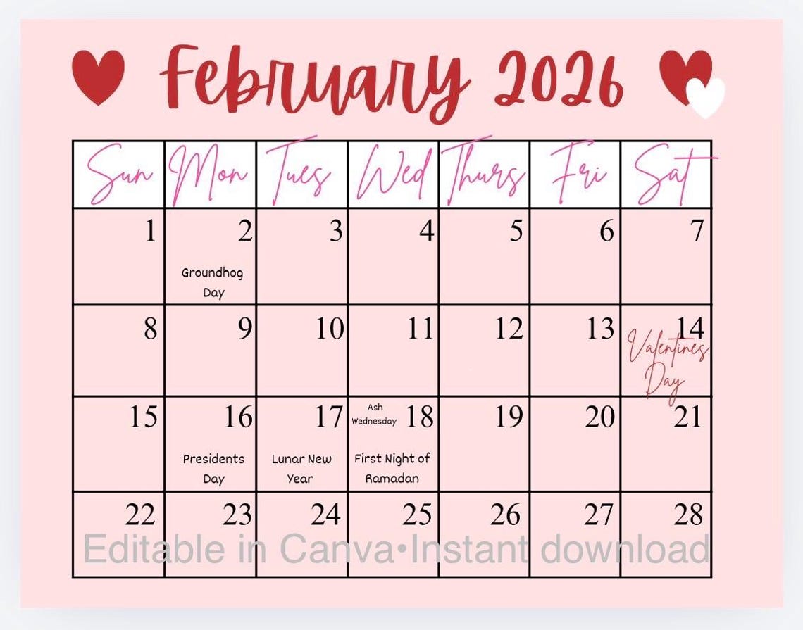 February 2026 Calendar Printable | Pink Valentine Aesthetic | Editable ...