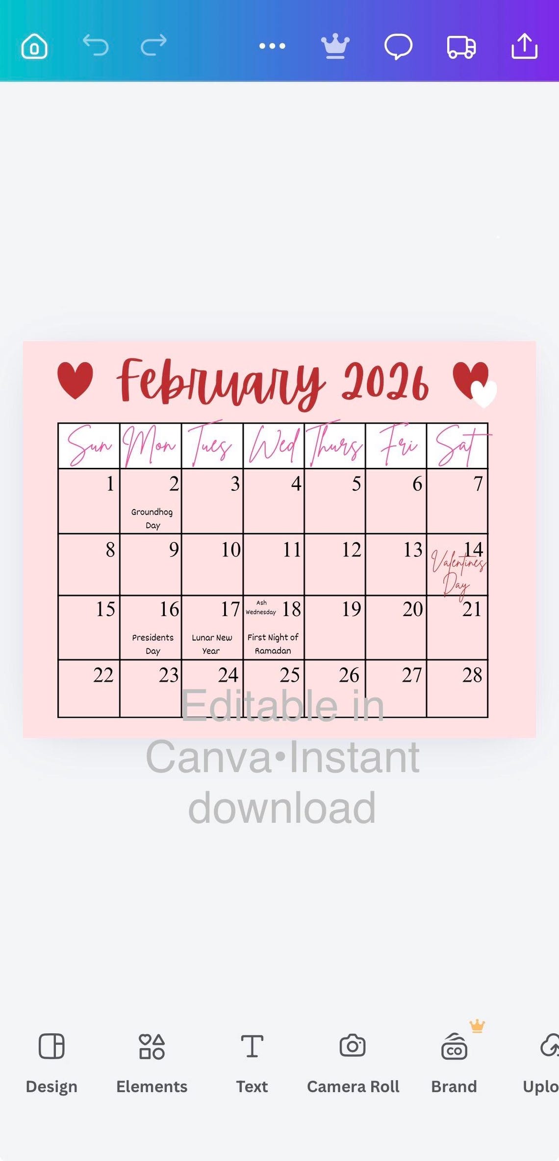 February 2026 Calendar Printable | Pink Valentine Aesthetic | Editable ...