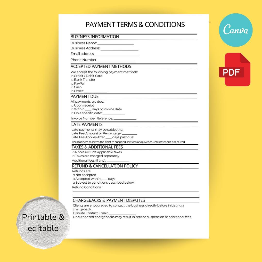 Printable Payment Terms & Conditions Template - Etsy