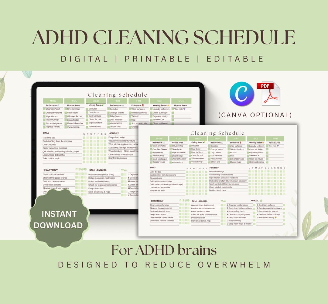 ADHD Cleaning Schedule | Editable Home Chore Chart (printable PDF ...