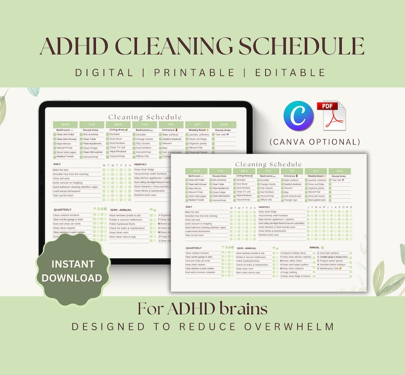 ADHD Cleaning Schedule | Editable Home Chore Chart (printable PDF ...