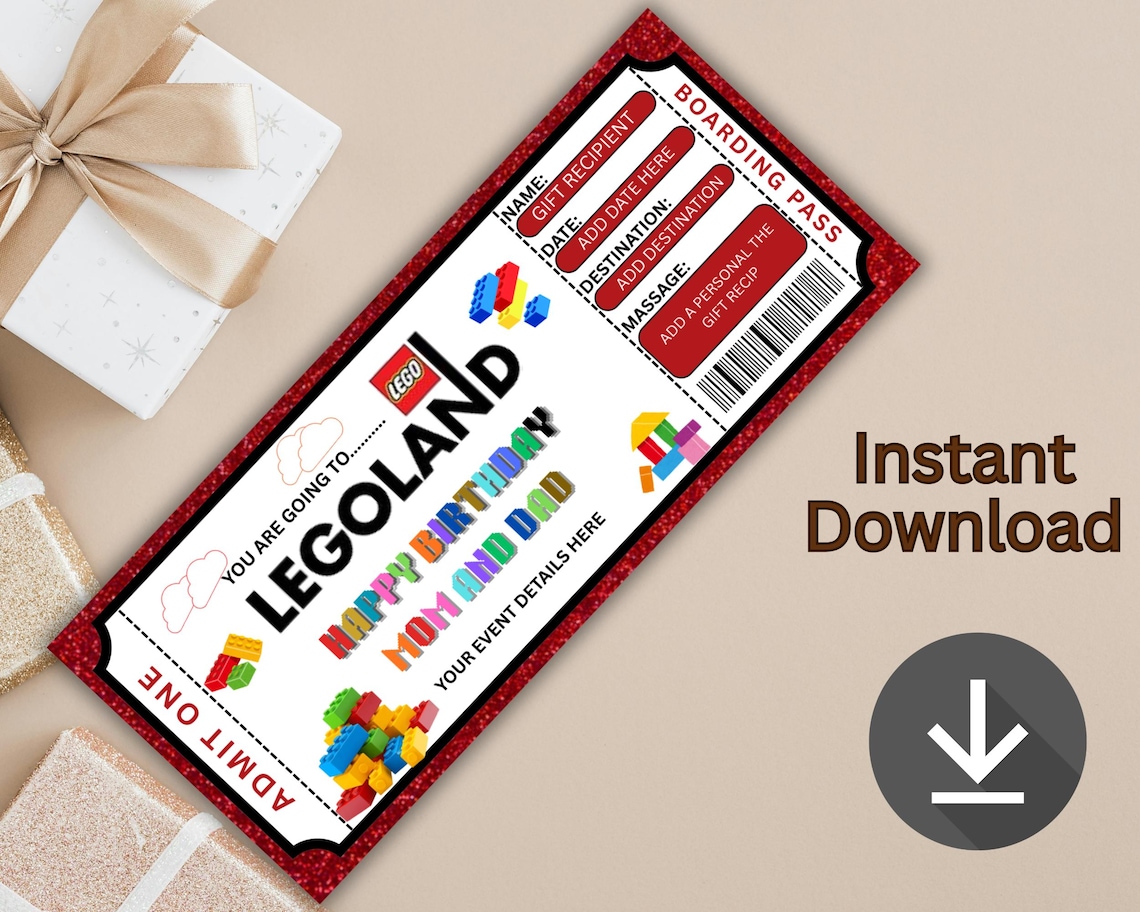Legoland Surprise Ticket | Printable Theme Park Vacation Gift (7x3 ...