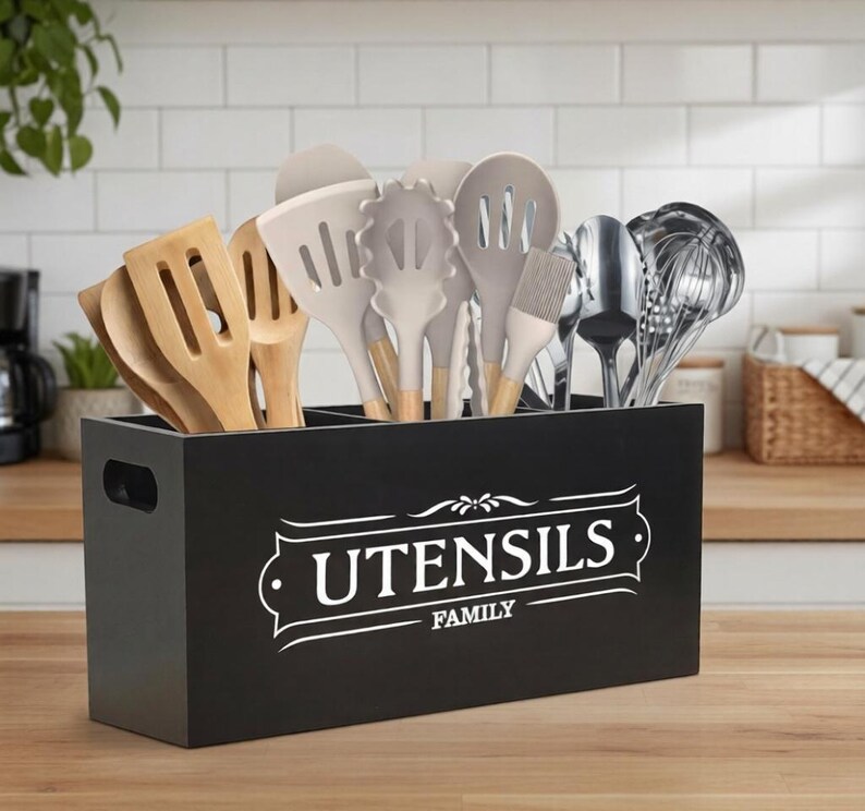 Large Black Wooden Utensil Holder, Farmhouse Kitchen Storage - Etsy