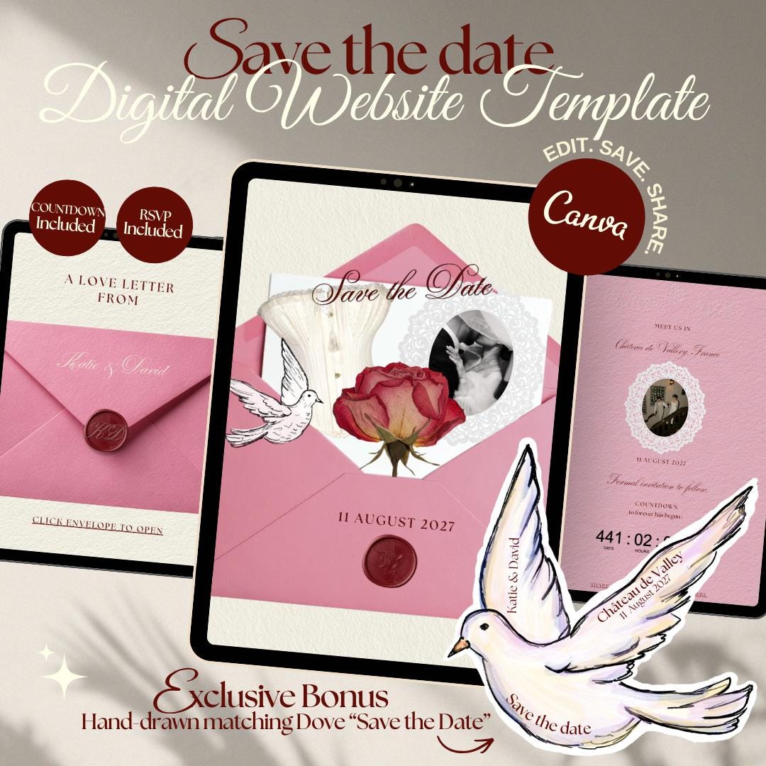 Old Money Dove Save the Date Canva Template | Interactive Envelope ...