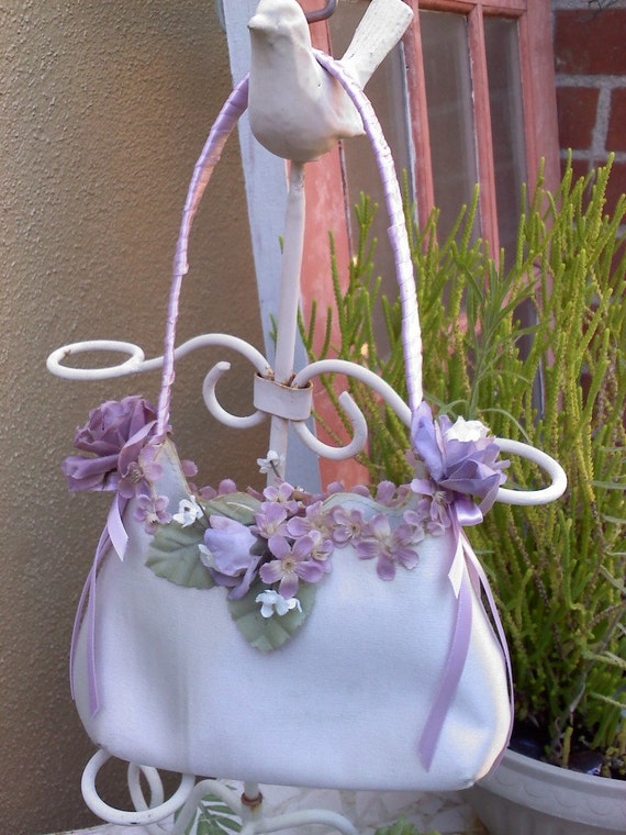 Grey satin victorian purse with lavender ribbon and flowers | Etsy