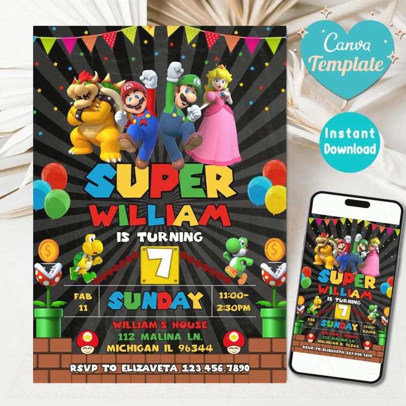 Super Mario Editable Birthday Invitation, Canva Template - Etsy