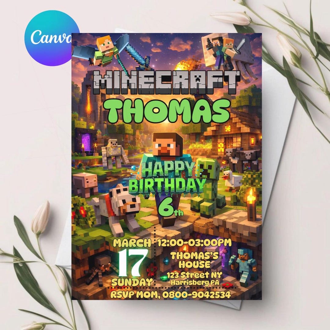 Editable Pixel Birthday Invitation Block Party Invite Gamer Birthday ...