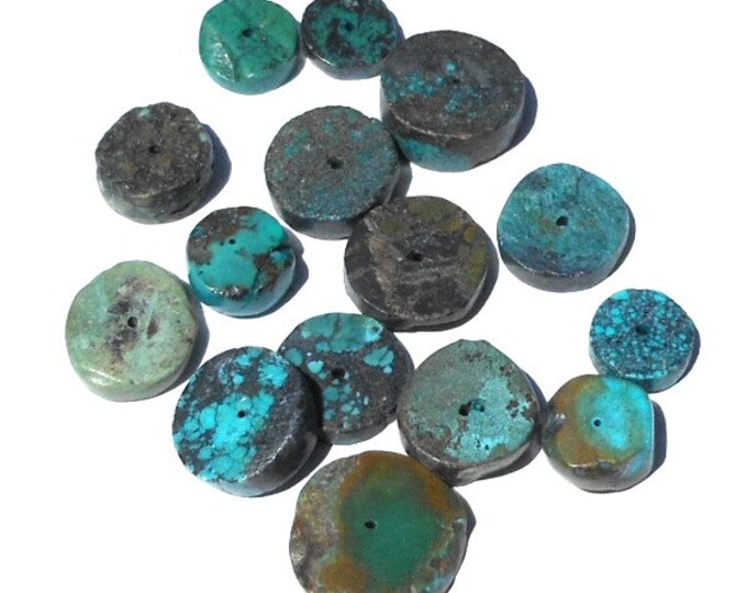 Turquoise Stone Round Flat Disk Beads DIY Beads, Primitive Rustic Beads ...