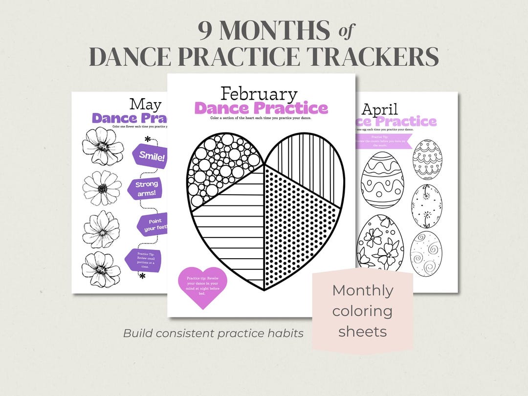 Dance Practice Tracker Printable | Monthly Coloring Sheets (ages 4-10 ...