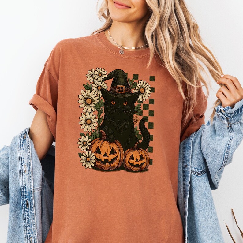Black Cat Witch Hat Sweatshirt, Floral Halloween Cat Crewneck, Daisy ...