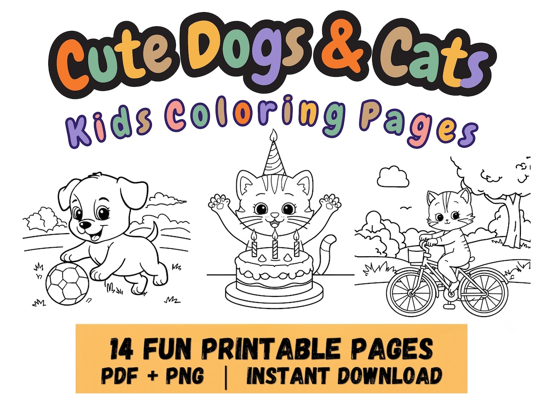 Cute Dogs and Cats Coloring Pages for Kids, 14 Printable Coloring Pages ...
