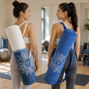 Hand-dyed Batik Sunflower Yoga Mat Bags, Indigo Gradient Cotton Canvas ...
