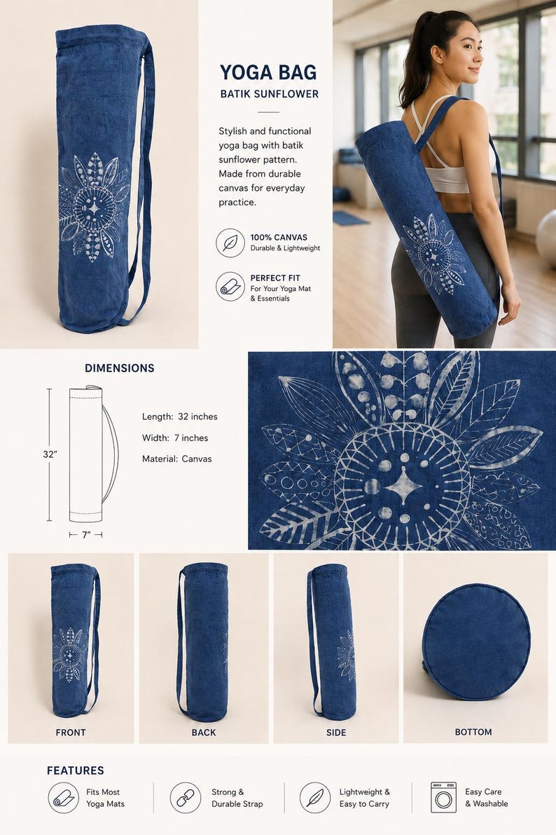 Hand-dyed Batik Sunflower Yoga Mat Bags, Indigo Gradient Cotton Canvas ...
