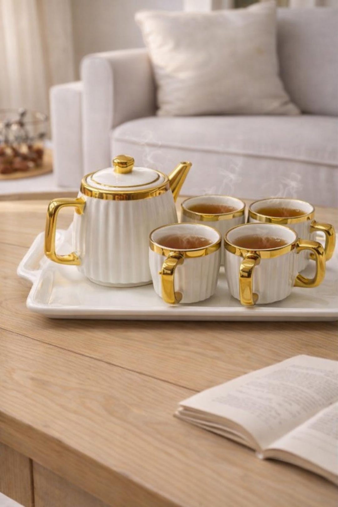 White Ribbed Ceramic Tea Set With Gold Accents | Elegant Teapot and ...