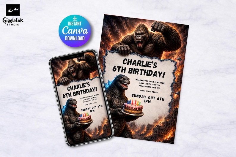 Godzilla X King Kong Birthday Invitation Template - Etsy UK