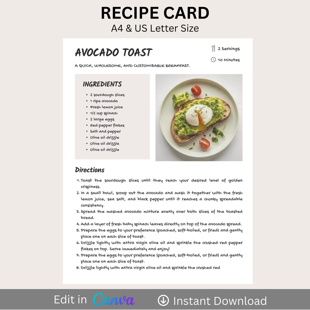 Recipe Card Design | Blank Recipe Card Print | Digital Recipe Book ...