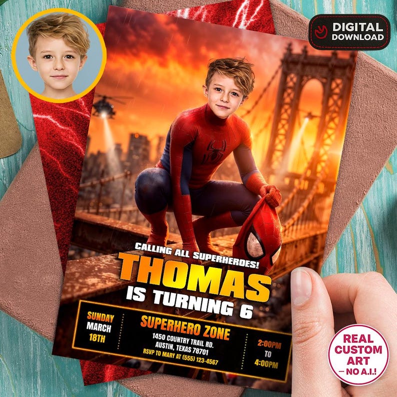 Spiderman Birthday Invitation With Photo, Superhero Party Invite ...