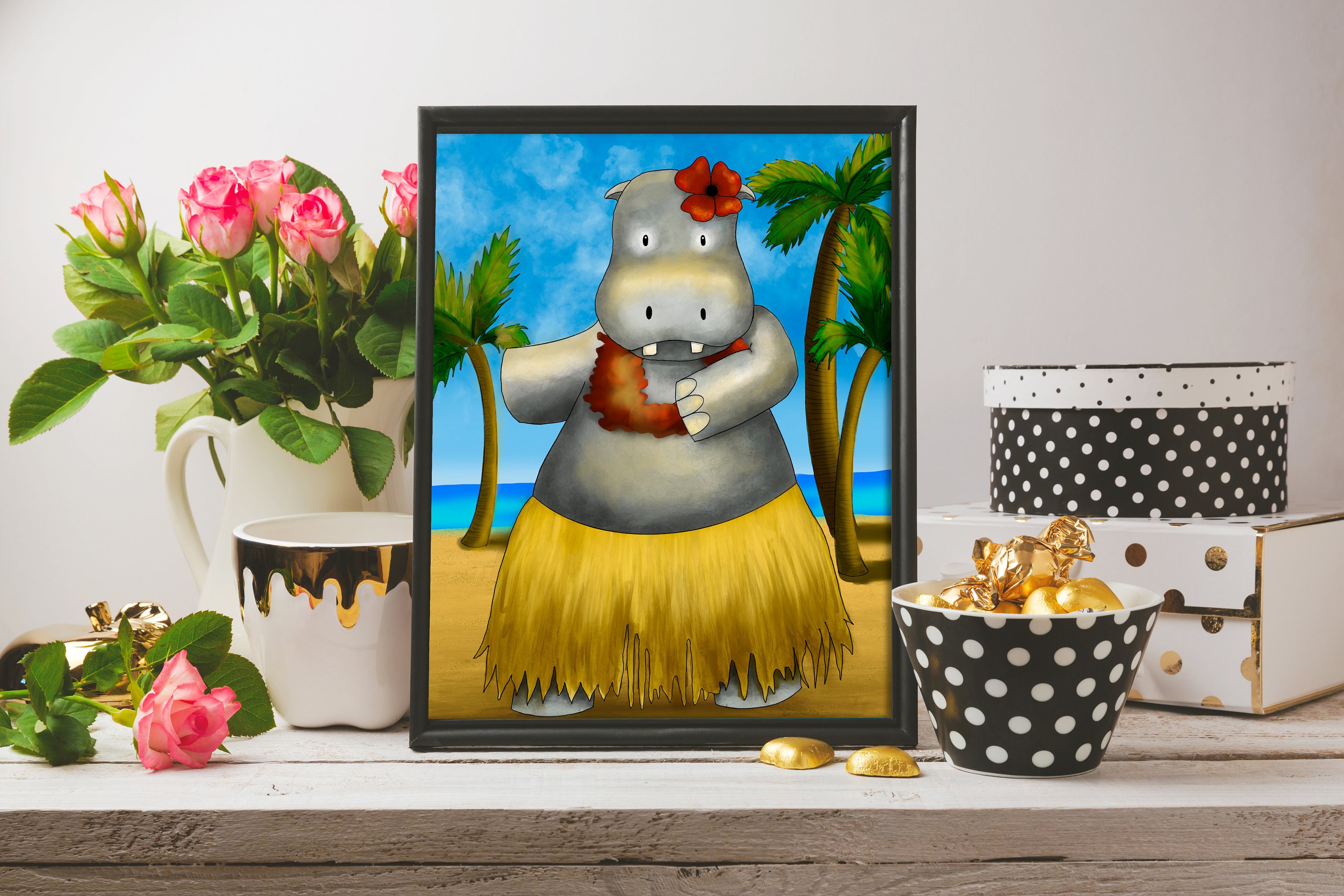 Hula the Hippo Hippo illustration fun whimsical animals | Etsy