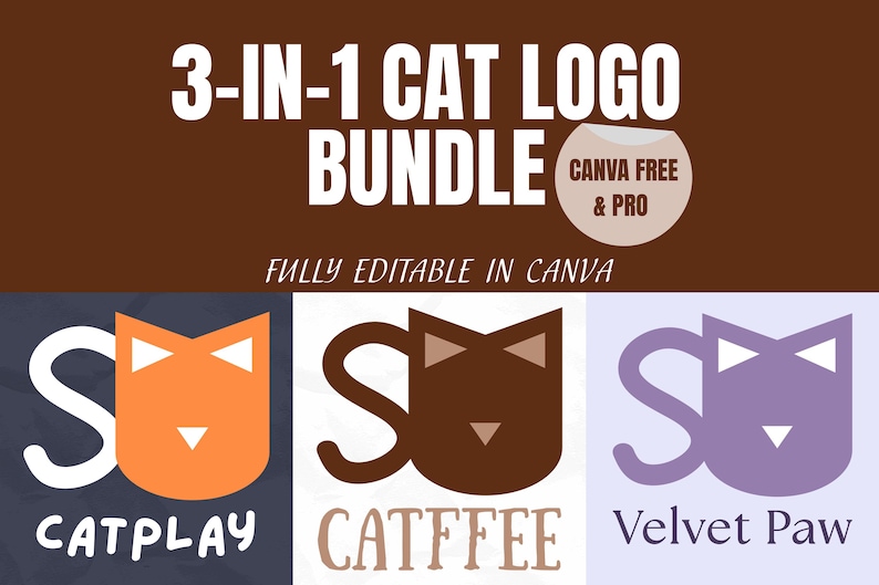 Hand-drawn Cat Logo Bundle – 3 Editable Branding Kits, Canva Template ...