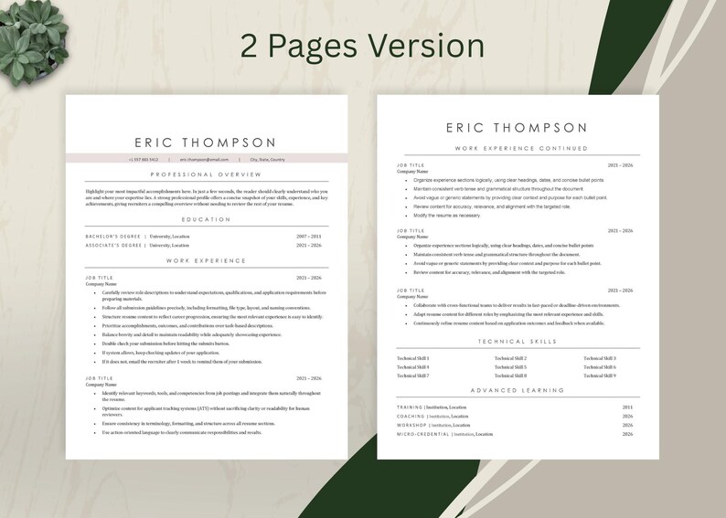 ATS Friendly Resume Template, Professional CV, Cover Letter, Interview ...