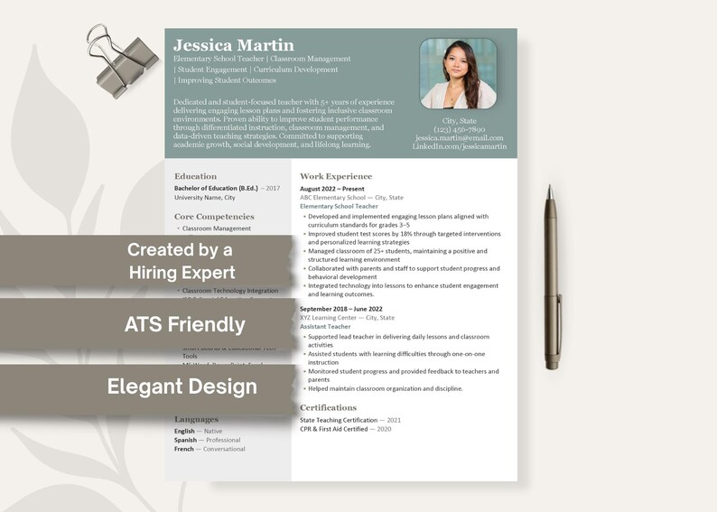 Teacher Resume | ATS Friendly Template | 1 & 2 Page, Cover Letter (word ...