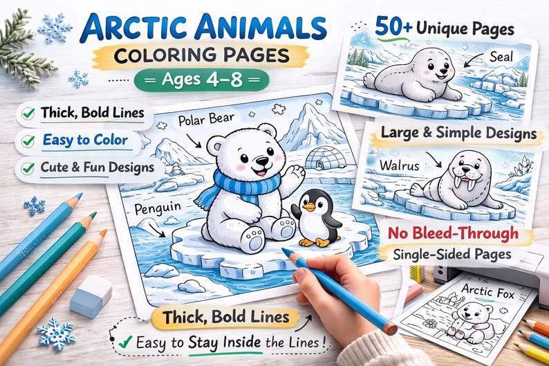 Arctic Animals Coloring Pages for Kids, Polar Winter Activity Pack (PDF ...