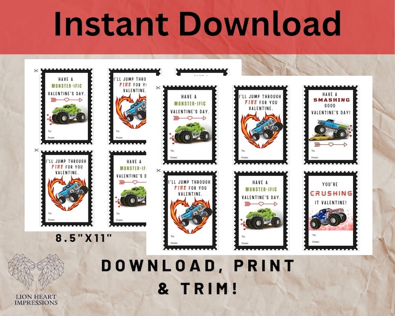 Printable Monster Truck Valentine's Cards, Monster Truck Valentines ...