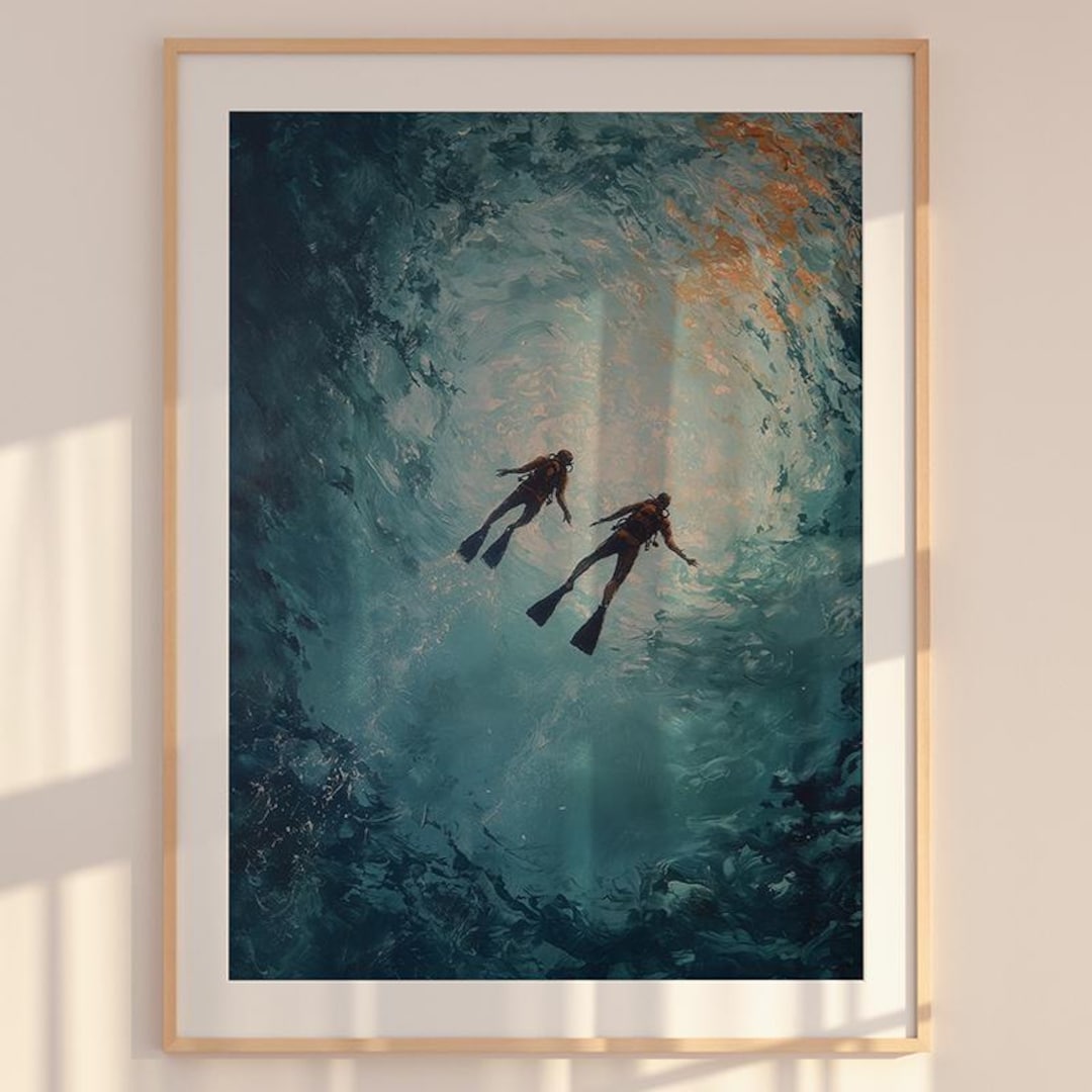 Deep Ocean Divers Art Print, Moody Blue Coastal Wall Decor (digital ...