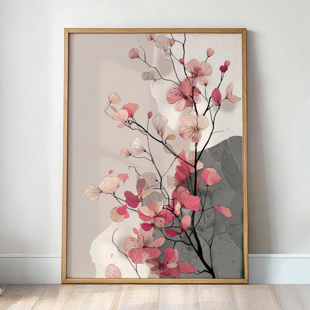 Japandi Cherry Blossom Wall Art, Minimal Abstract Floral Print, Neutral ...