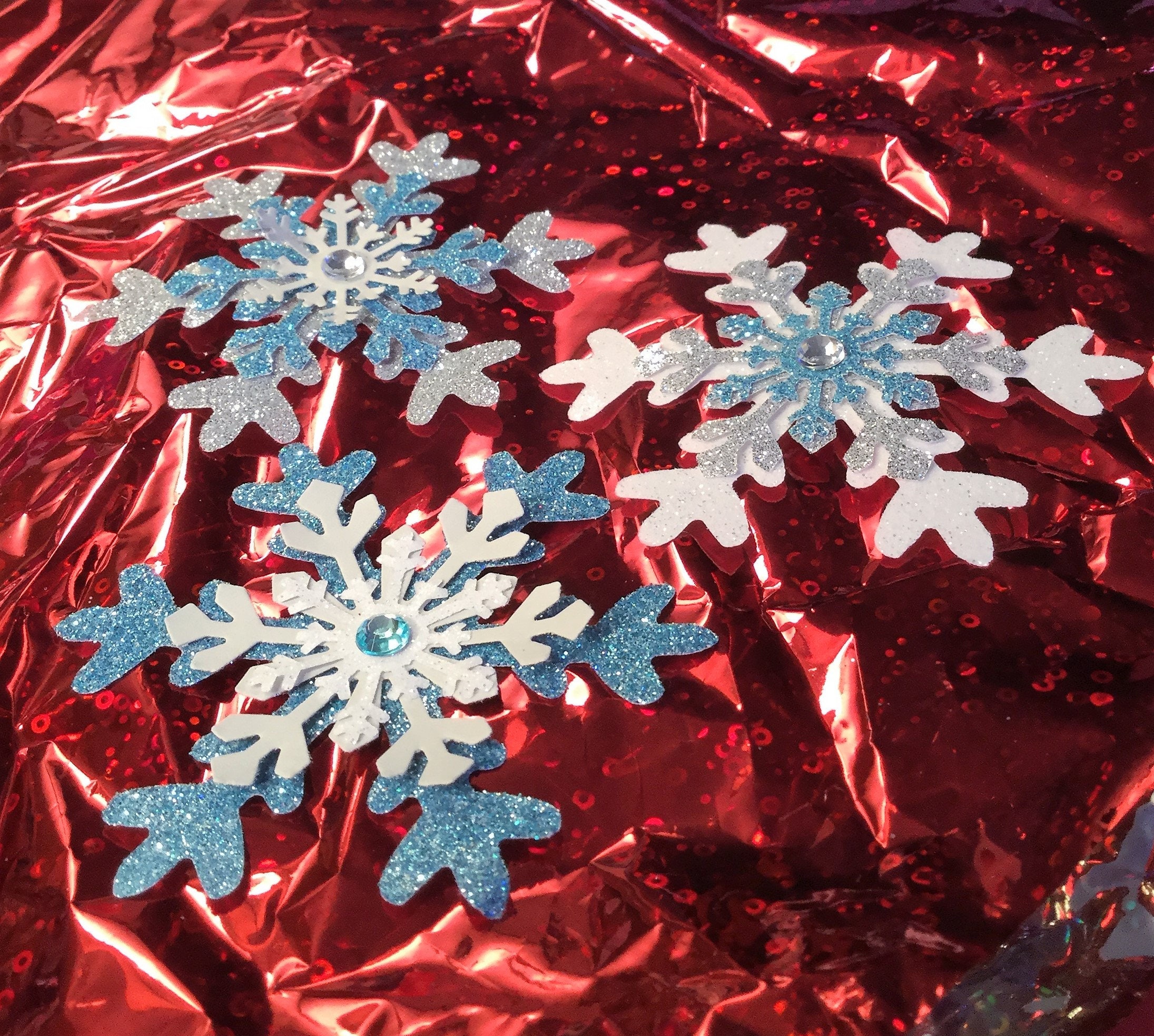 Glittered Bejeweled Snowflakes, 3" Wide, Set of 3, Light Blue, Gray ...