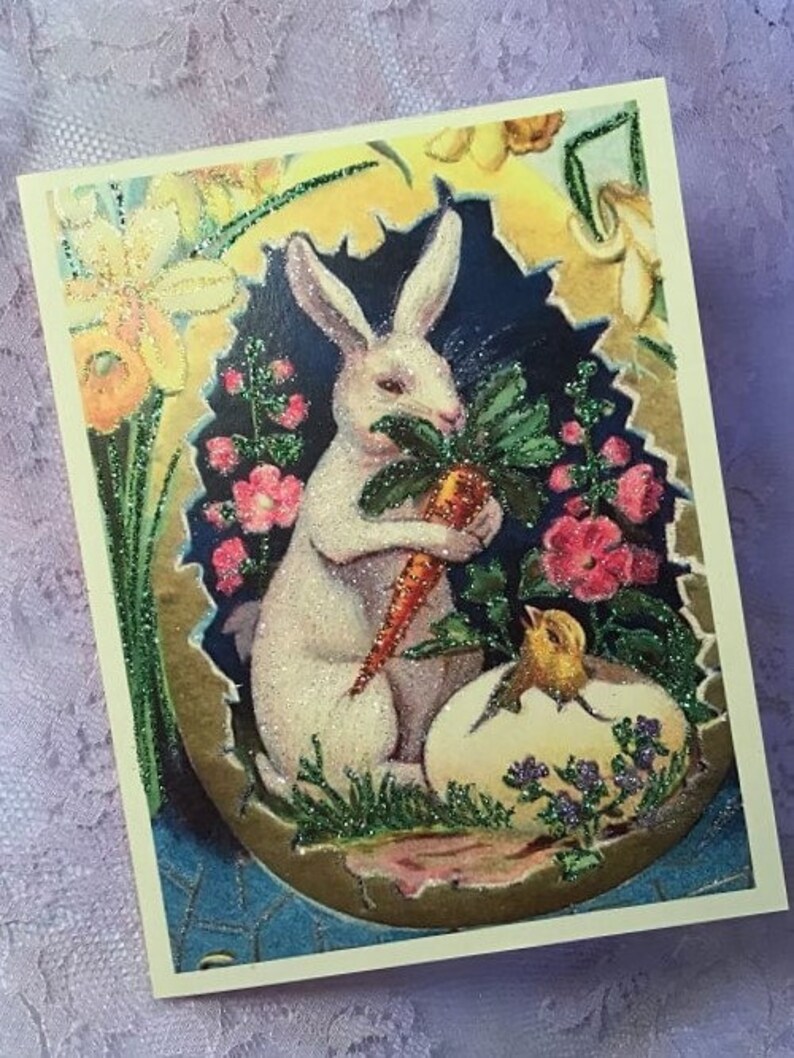 Glittered Easter Card Rabbit in Egg with Flowers and Chick | Etsy