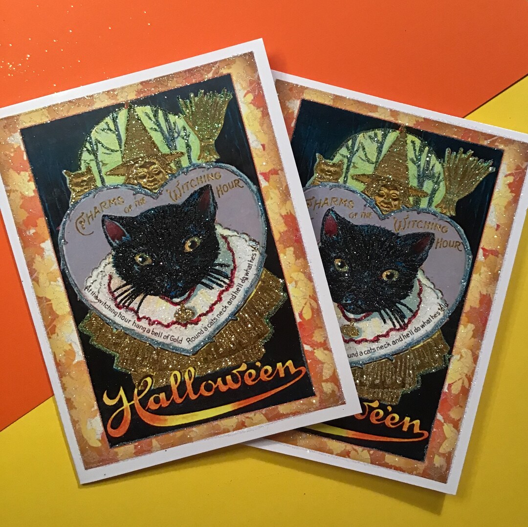 Glittered Halloween Card, Regal Black Cat, With White Envelope, Extra ...