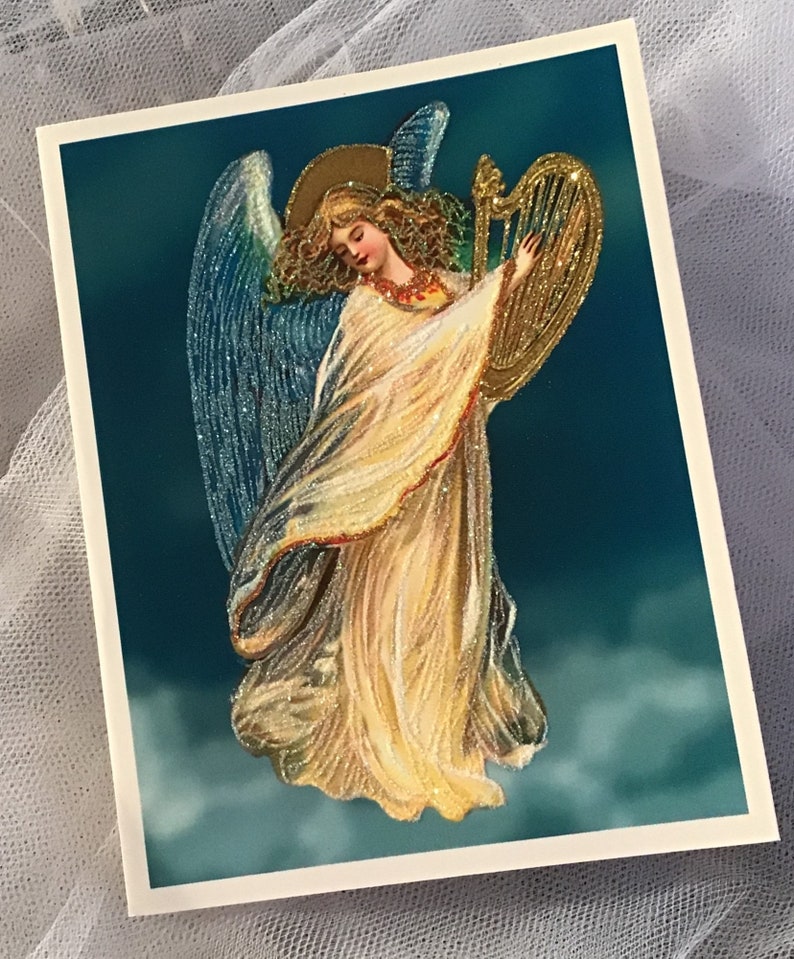 Glittered Christmas Card Beautiful Angel in White With Harp - Etsy