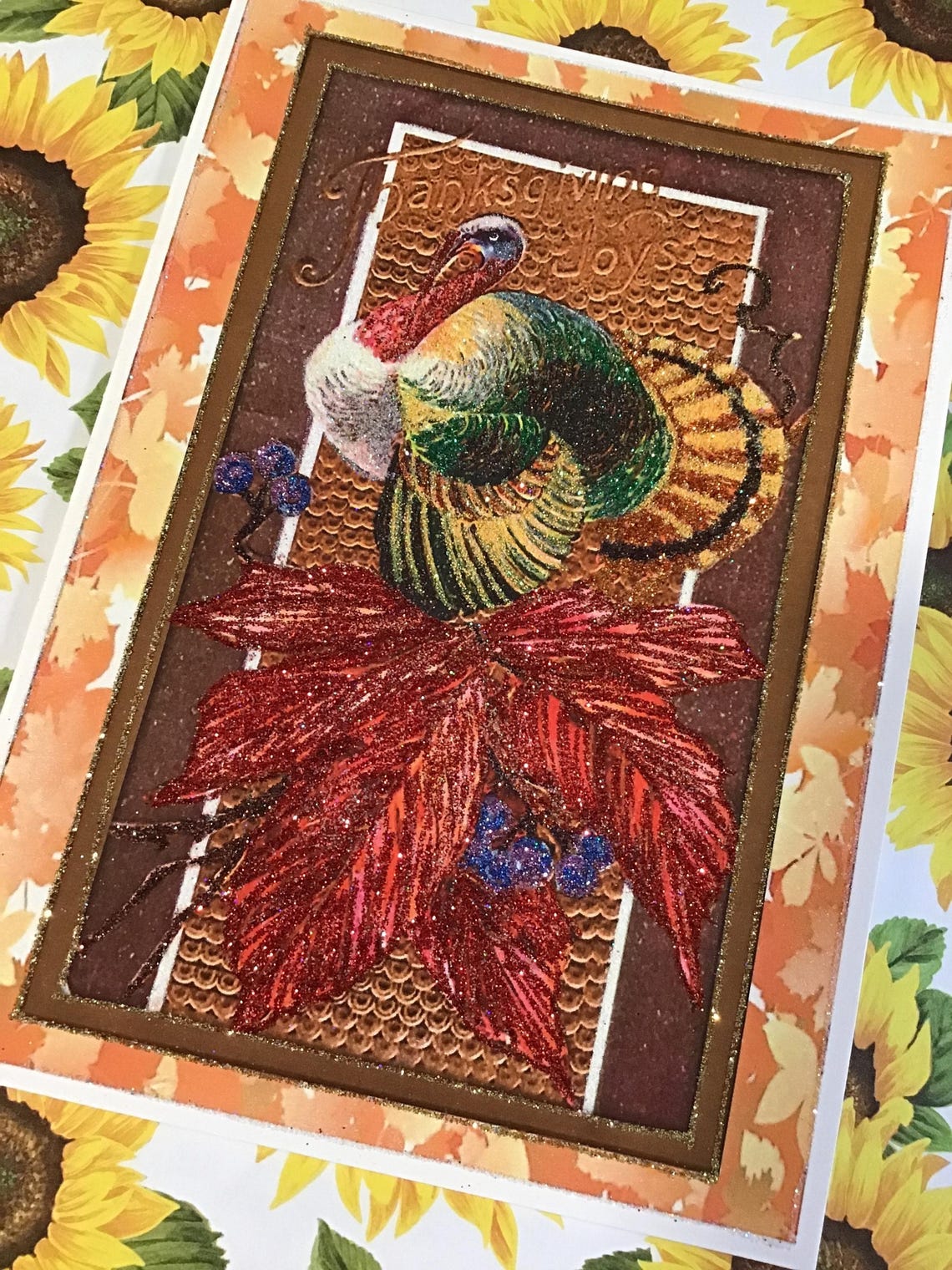 Glittered Thanksgiving Card, Beautiful Turkey With Red Poinsettias ...