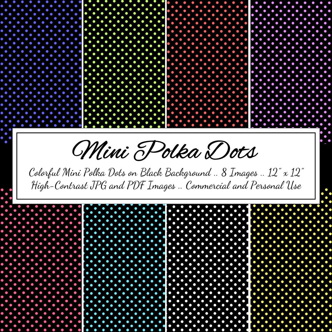 Mini Polka Dots Digital Paper Pack, Black Background, 12x12, JPG and ...