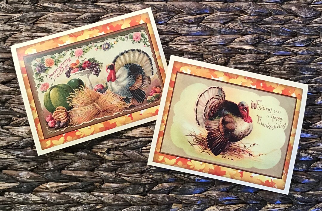 Thanksgiving Cards, Vintage Designs: Turkeys, Dinner, Set of 5 With ...