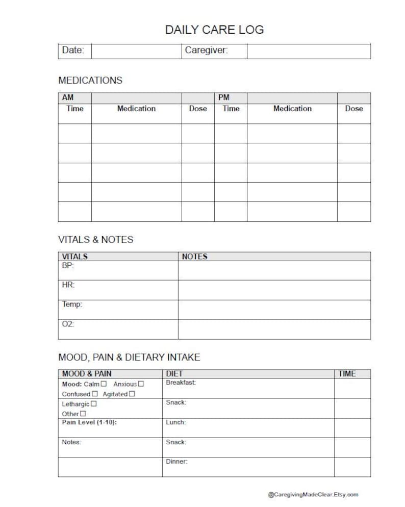 Daily/weekly Caregiver Log | Printable & Fillable Care Logs for ...