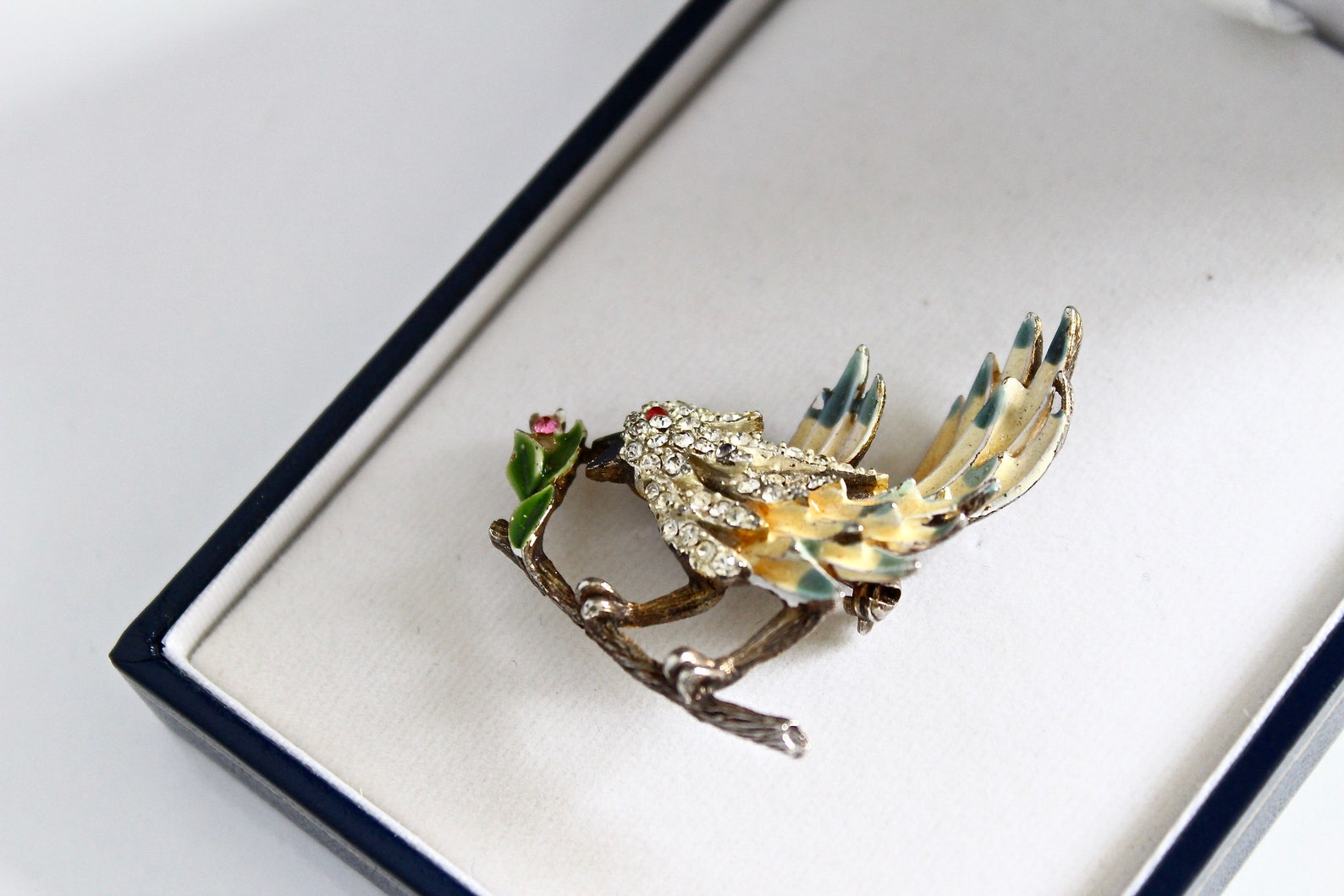 Signed KRAMER BIRD Small Brooch Pin Rhinestone Enameled Yellow Green ...