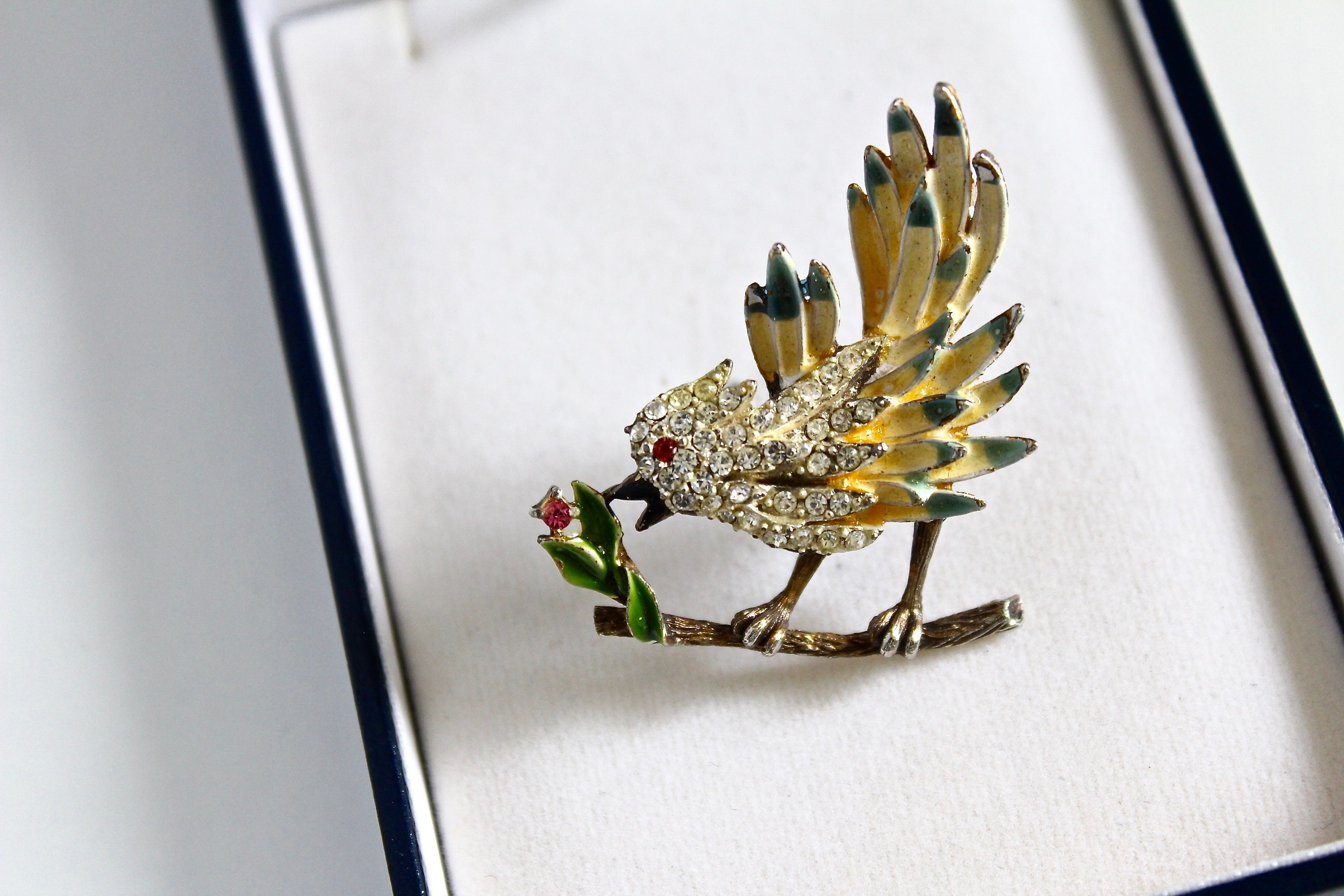 Signed KRAMER BIRD Small Brooch Pin Rhinestone Enameled Yellow Green ...